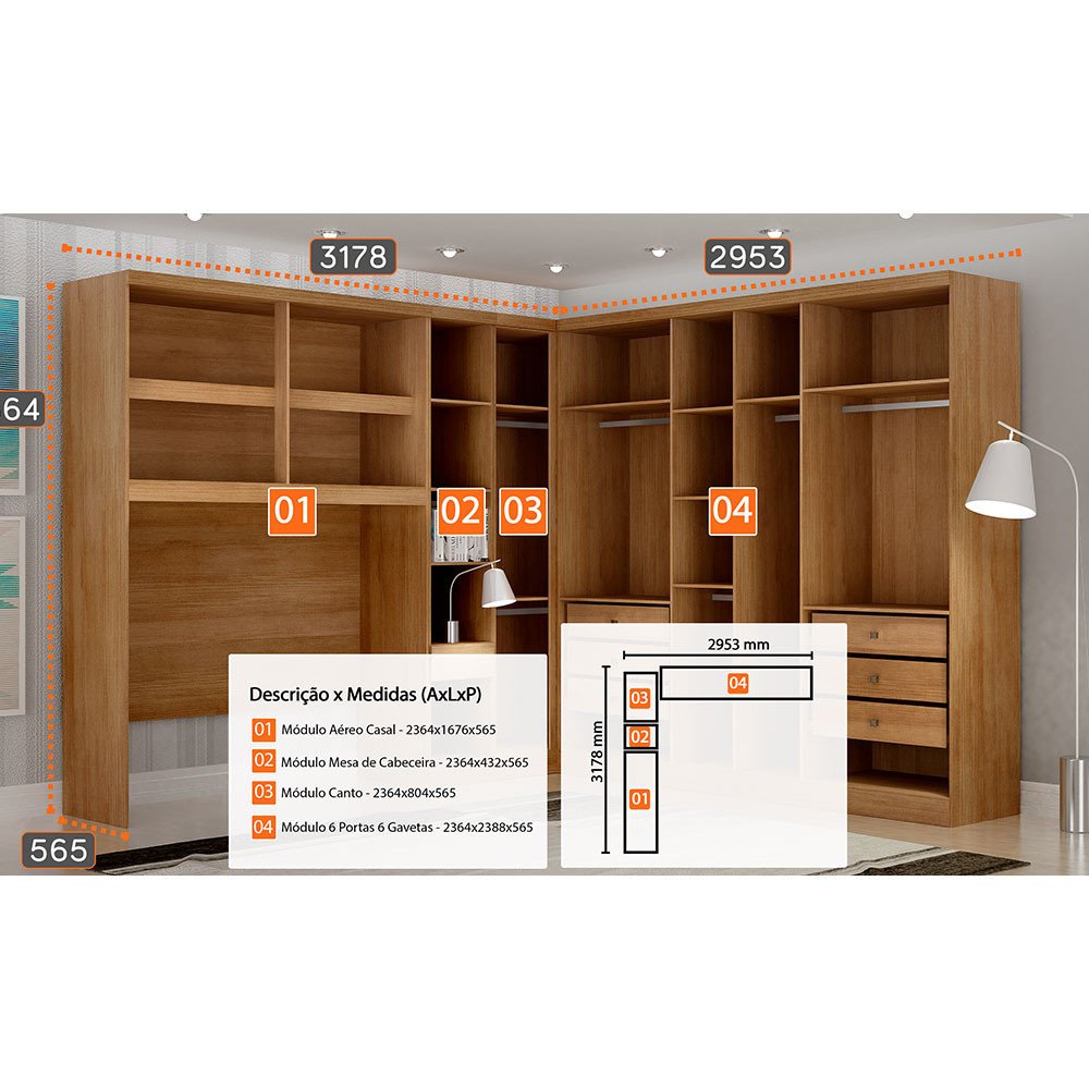Guarda-Roupa Modulado de Casal Safira 003 em MDF com 12 Portas e 7 ...