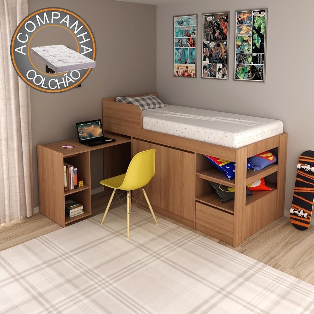 Cama Solteiro Multifuncional Cm8021 Amêndoa Tecnomobili + Colchão ...