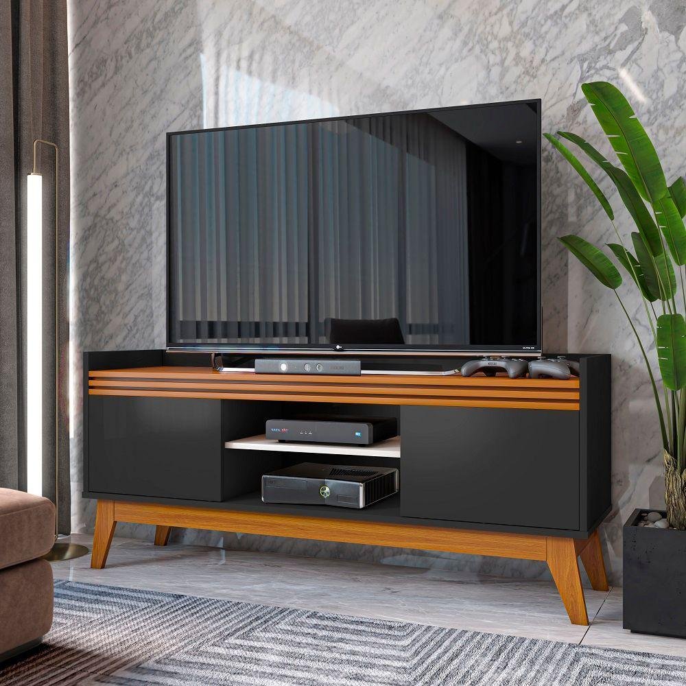 Rack para Tv até 50" 2 Portas Ripado 136cm Preto/cedro | MadeiraMadeira