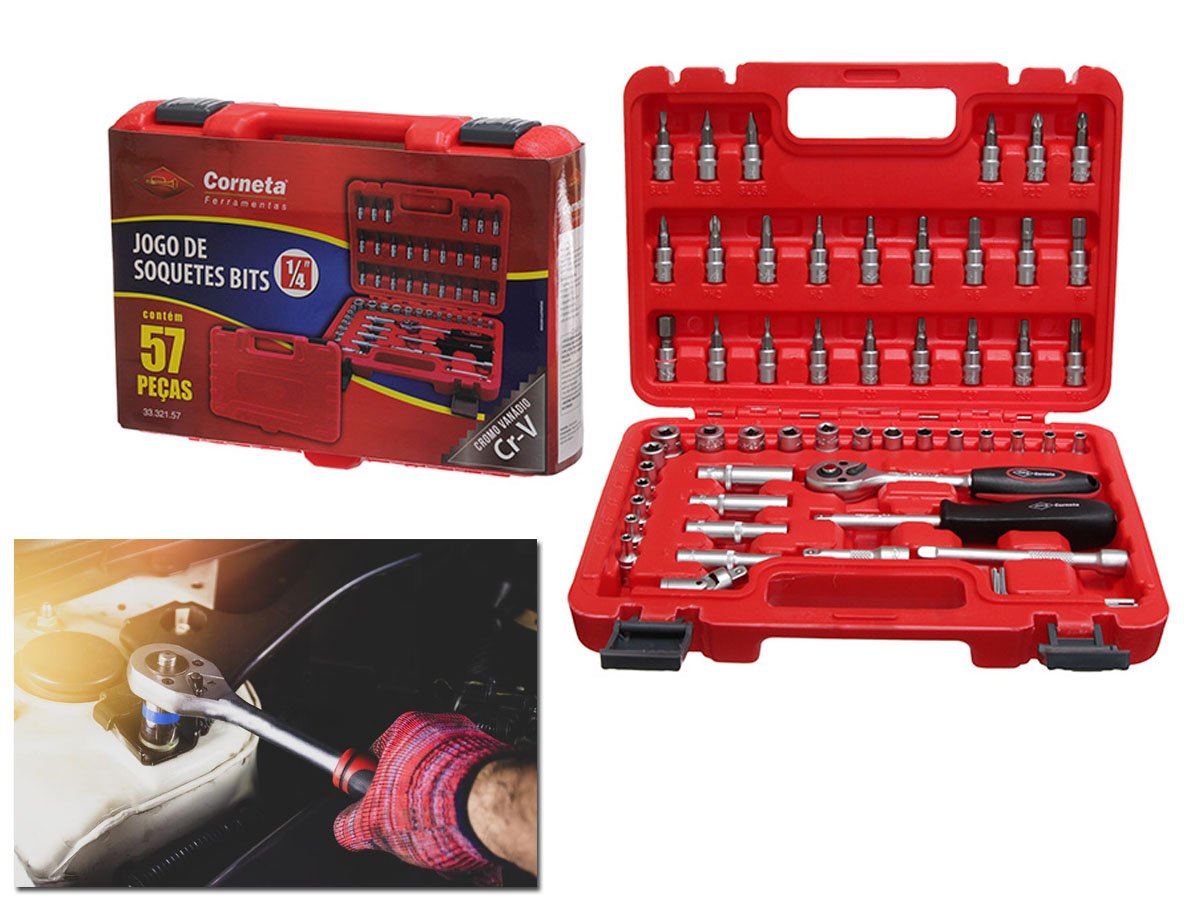 Kit de Soquetes e Catracas Para Apertos/Desapertos ¼?? 57 PÇS Com ...