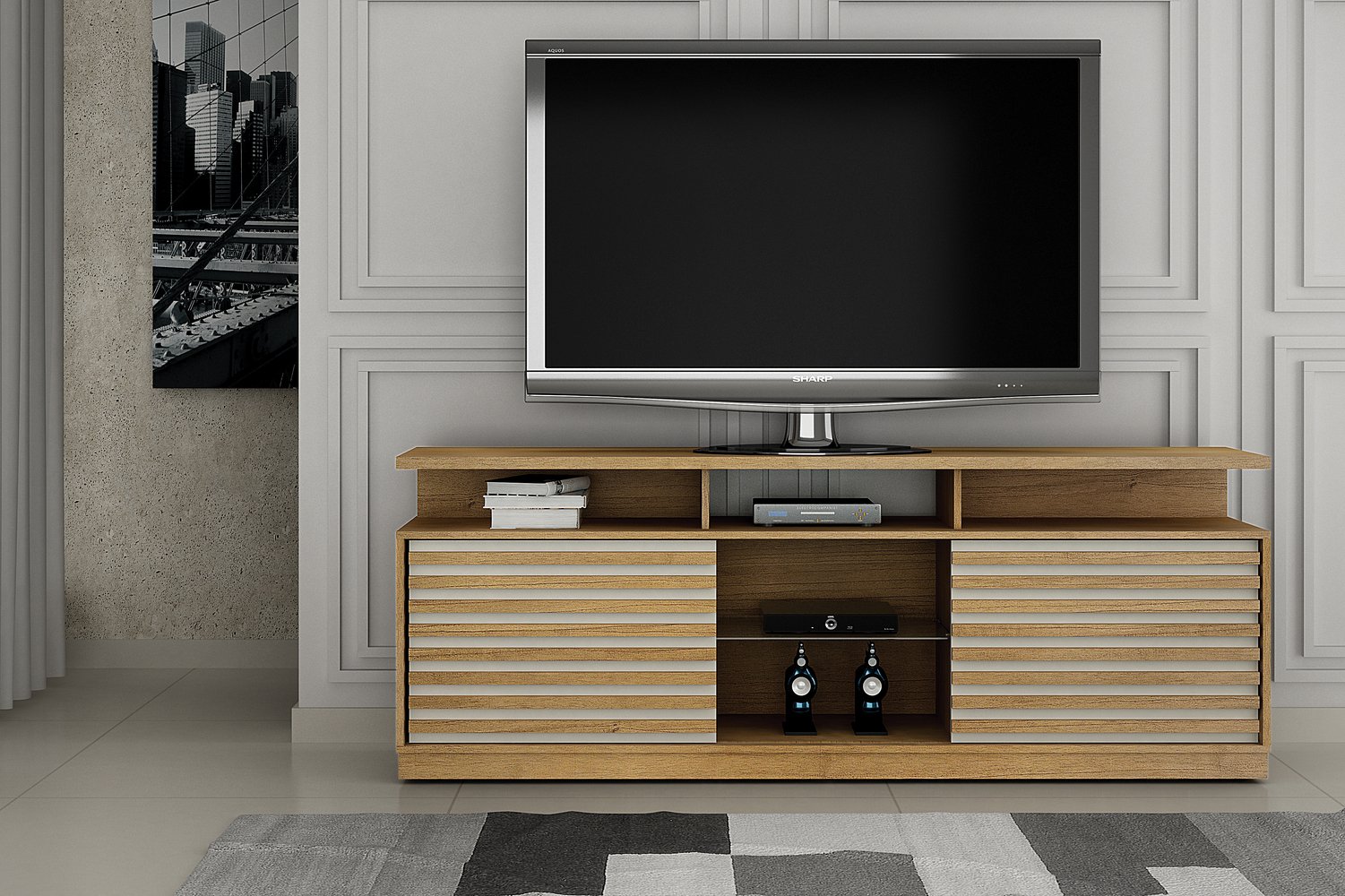 Rack Bancada Roma para TV ate 70 Polegadas Valdemoveis Cinamomo/Off White | MadeiraMadeira