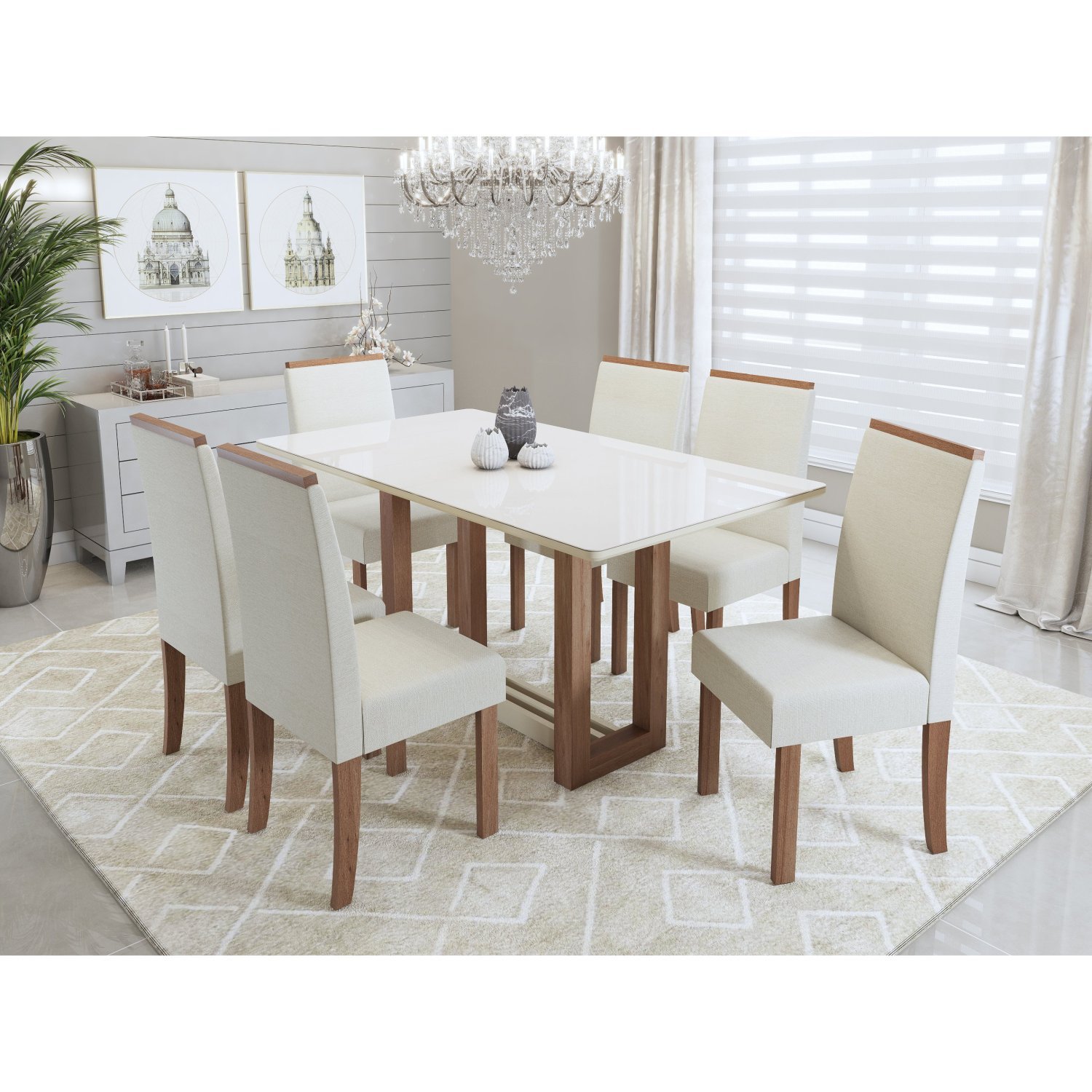 Conjunto Sala de Jantar Mesa Louise 160cm Tampo Vidro/MDF com 6 Cadeiras Julia Sonetto Móveis ...