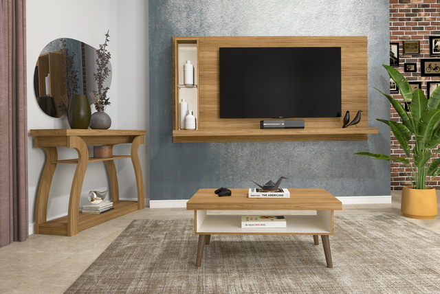 Conjunto Sala de Estar Completo Painel Alaska, Aparador e Mesa de Centro Carvalho Artely Móveis ...