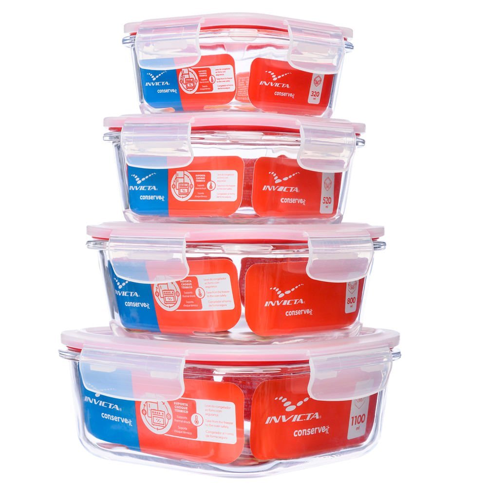Kit com 4 Potes de Vidro Hermético Tamanhos Diversos Quadrado Invicta ...