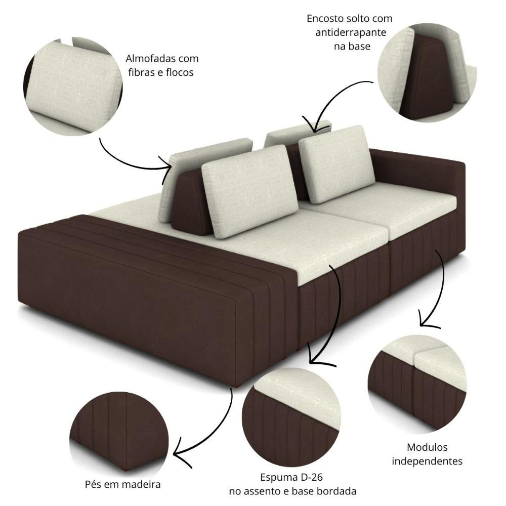 Sofá Ilha Modular com Puff Encosto Removivel 2,45m Linho e Sintético Bordado Kauai | MadeiraMadeira