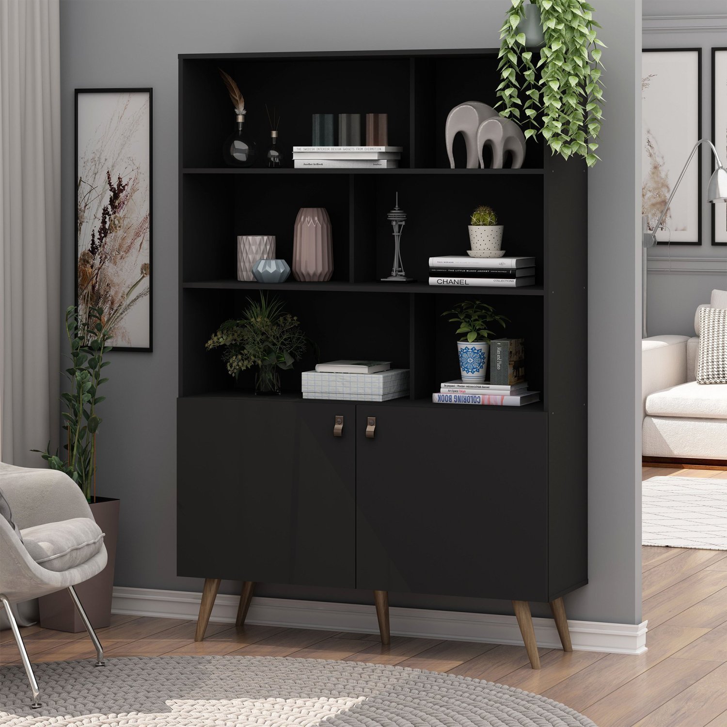 Estante Para Livros 2 Portas 6 Prateleiras Com P s Retro Em Madeira Estante Para Livros 2 Portas 6 Prateleiras Com P s Retro Em Madeira