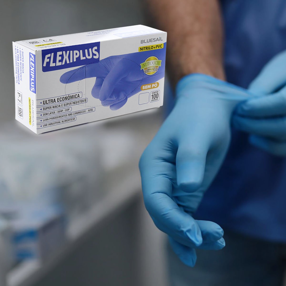 Luvas Descartaveis Vinil Sem Pó Flexiplus Nitrilo + PVC:M | MadeiraMadeira