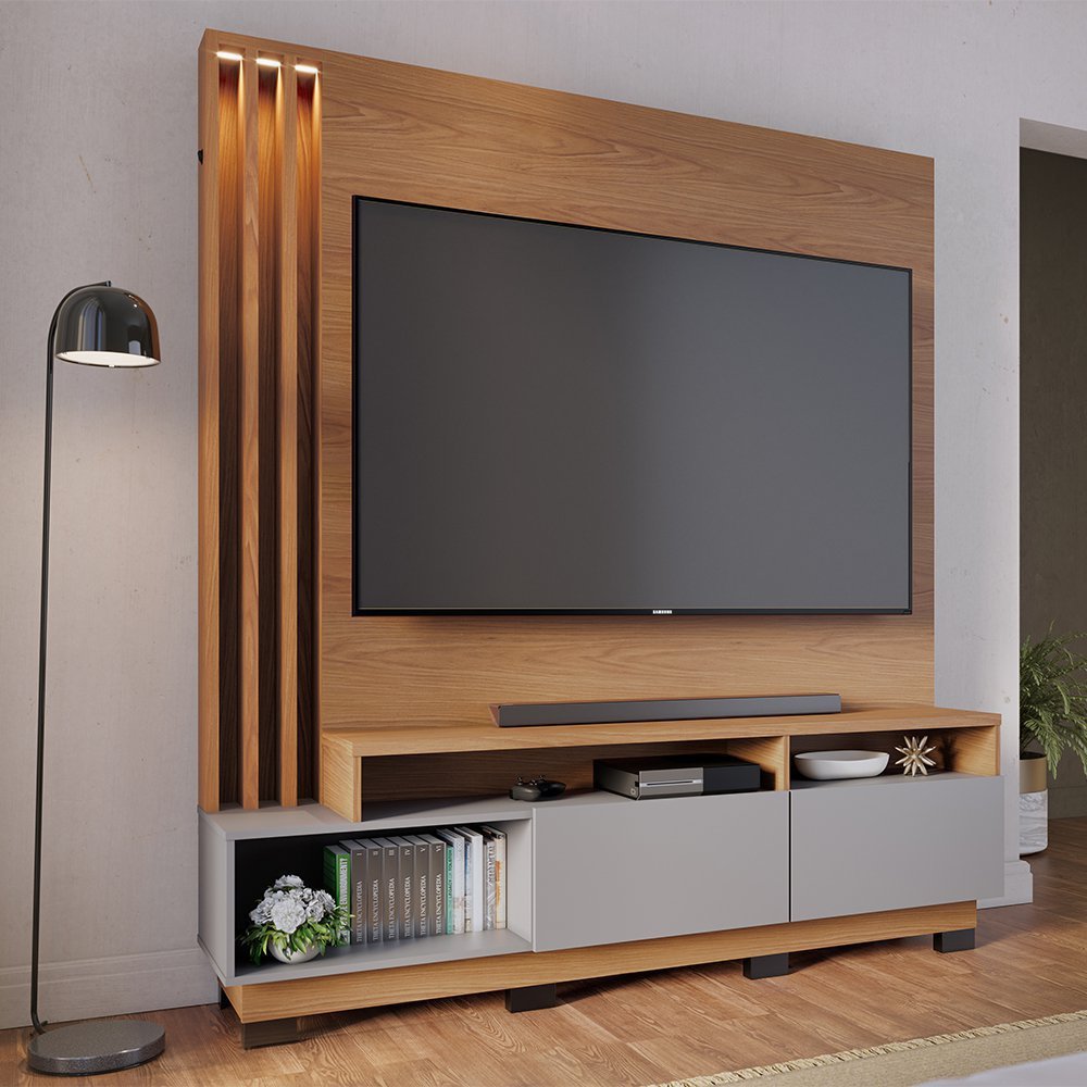 Home Theater Gimenes para TV 75 Polegadas Freijó/ Cinza Fosco com LED e ...