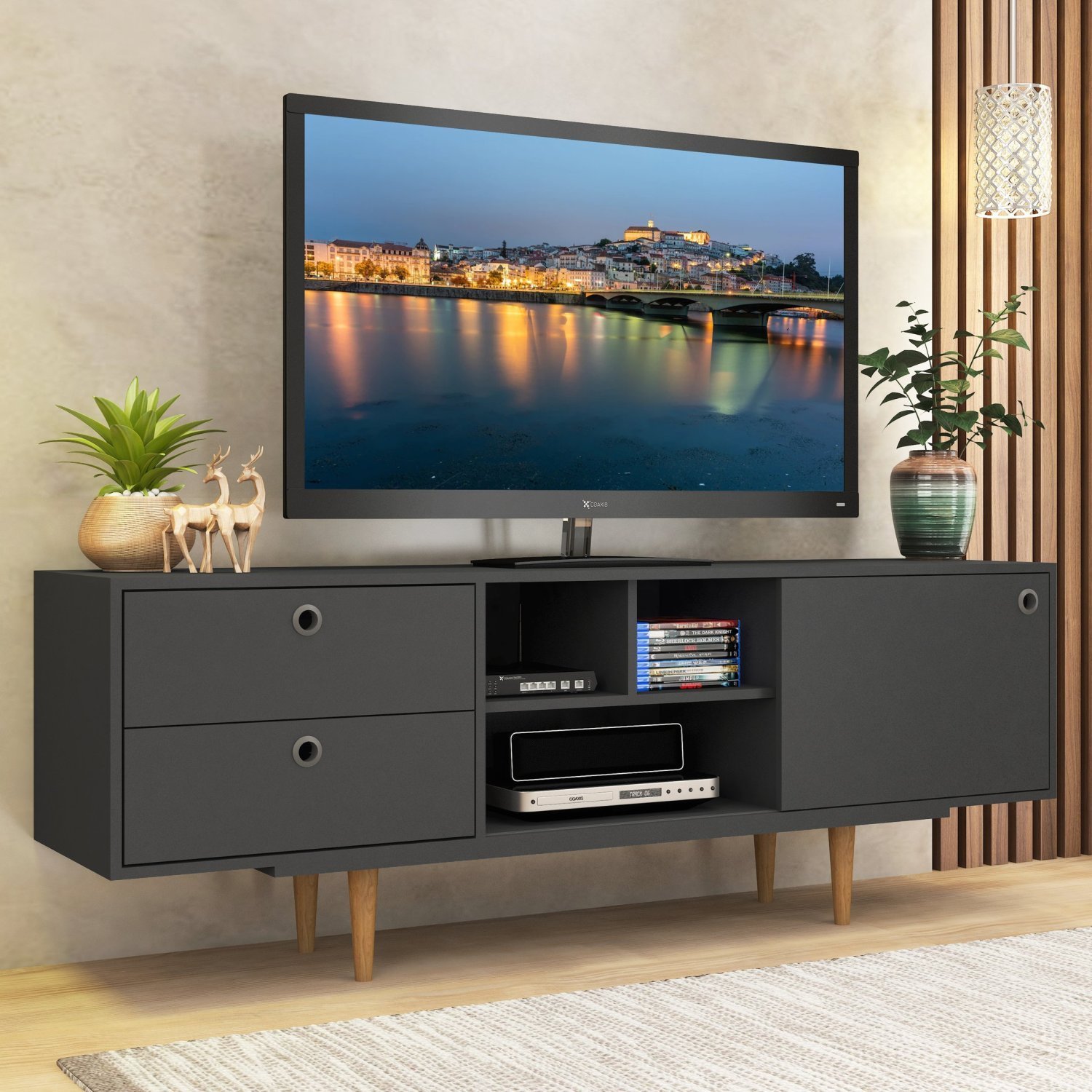 Rack para TV até 60 Polegadas Retrô 160cm 2 Gavetas 1 Porta Deslizante ...