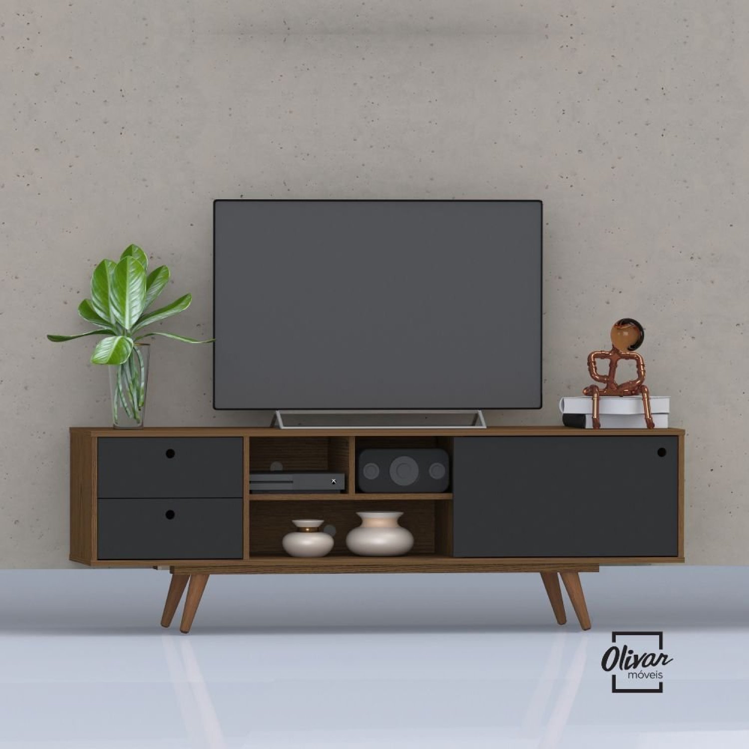 Rack para TV até 55 Polegadas 1 Porta 2 Gavetas Retrô 85 Olivar - Faz a ...