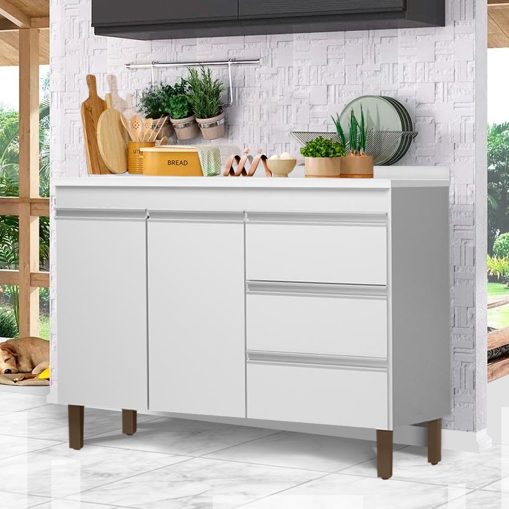 Balcão para Cozinha 99cm 2 Portas 3 Gavetas com Tampo Branco Gabriela ...