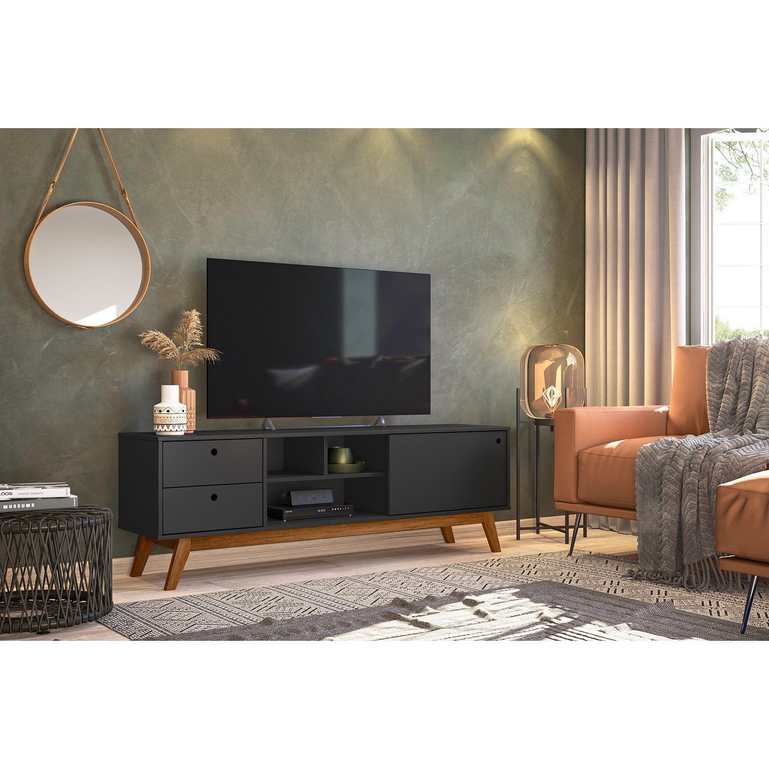 Rack para TV até 55 Polegadas 1 Porta 2 Gavetas 2 Nichos Retro Lubeck ...