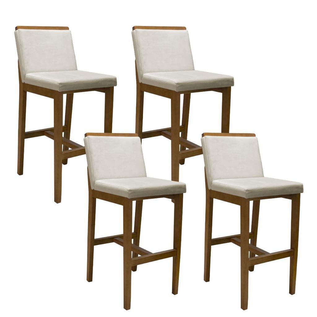 Kit 4 Banqueta Alta em Madeira Maciça Londres Linho Cru | MadeiraMadeira