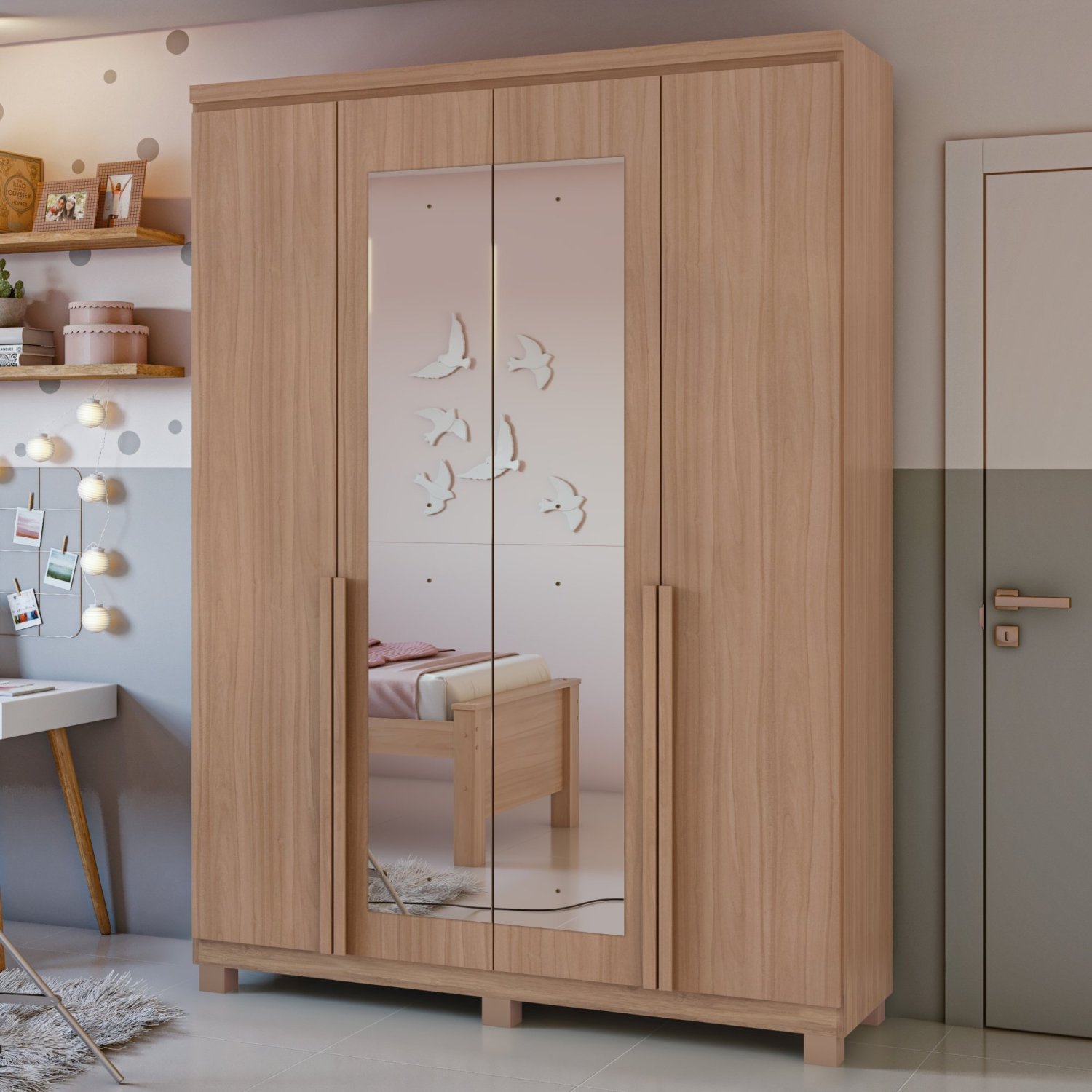 Guarda Roupa Solteiro com Espelho 4 Portas 2 Gavetas Alonzo Móveis ...