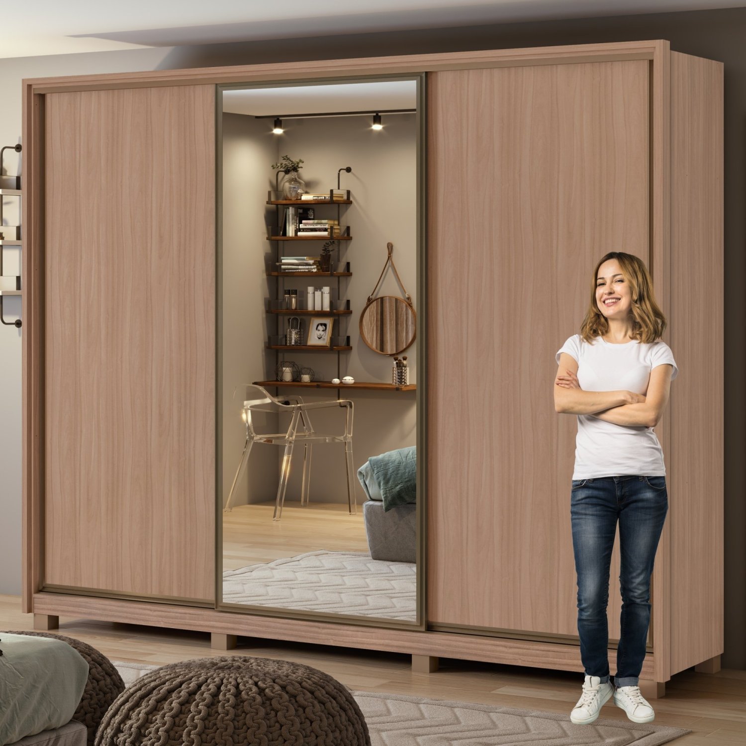 Guarda Roupa Casal com Espelho 3 Portas de Correr 6 Gavetas e Pés 270 ...