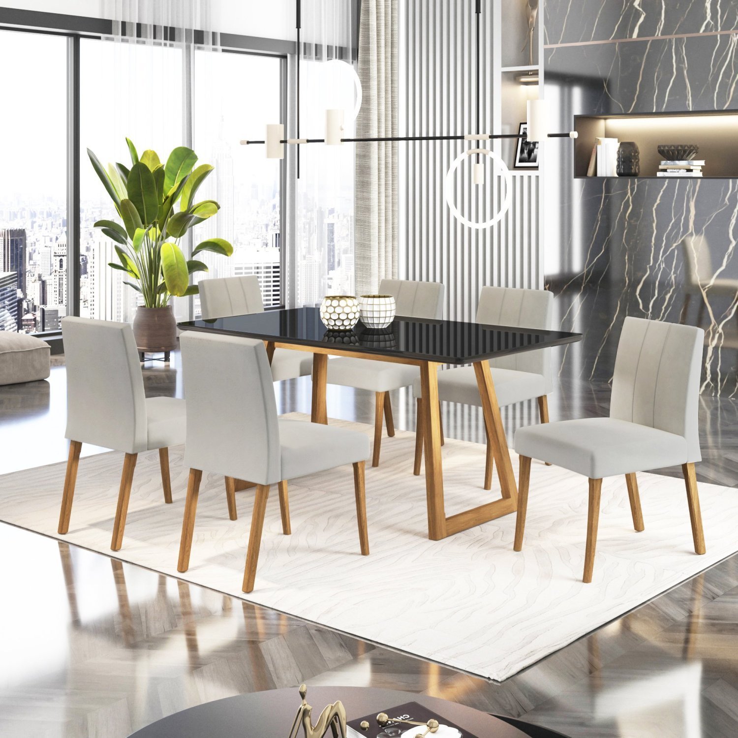 Conjunto Sala de Jantar Mesa Ametista MDF/Vidro 180x90cm com 6 Cadeiras Cristal | MadeiraMadeira