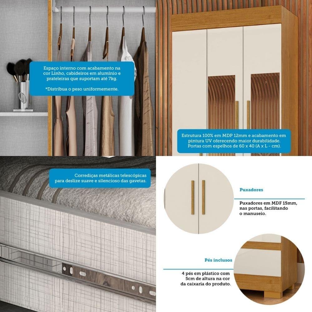 Guarda Roupa Solteiro 3 Portas 2 Gavetas com Espelho Maya Acp Móveis Cinamomo/off White ...