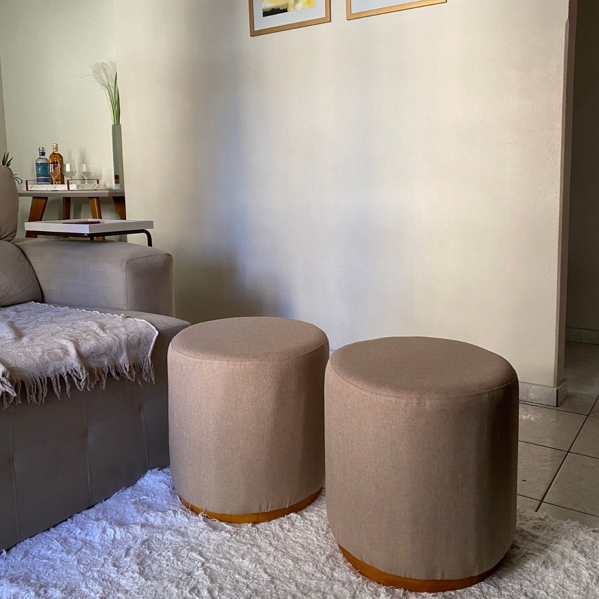 Kit puff redondo linho banquinho sala quarto madeira paris:Kit Puff ...