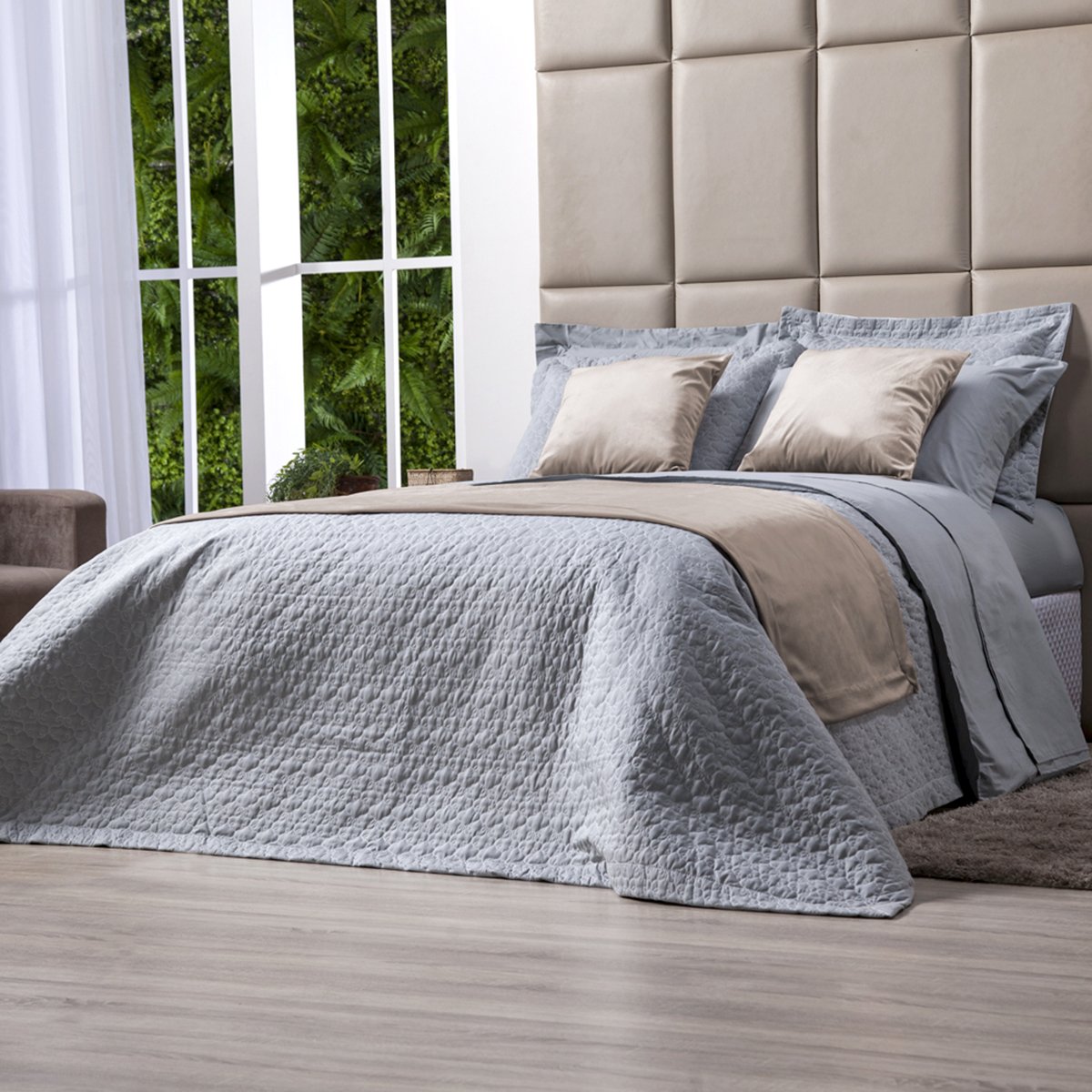 Kit Colcha Queen Cinza Matelada 200 Fios 3 Peças | MadeiraMadeira
