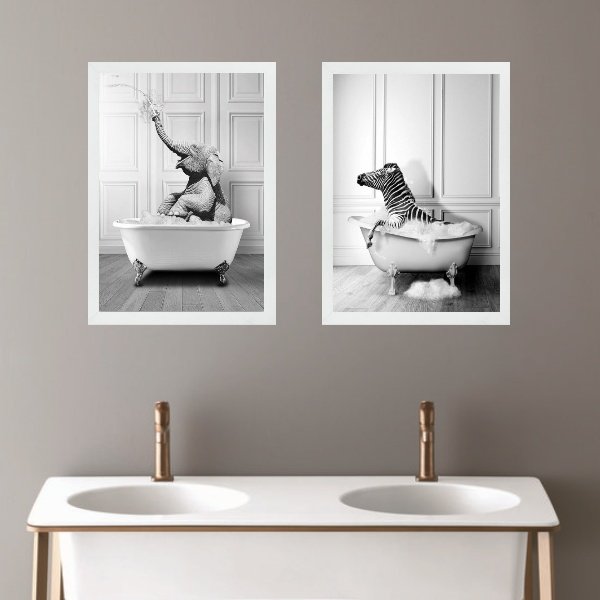 Kit 2 Quadros para Decorar Banheiro - Zebra e Elefante 24x18cm:madeira ...