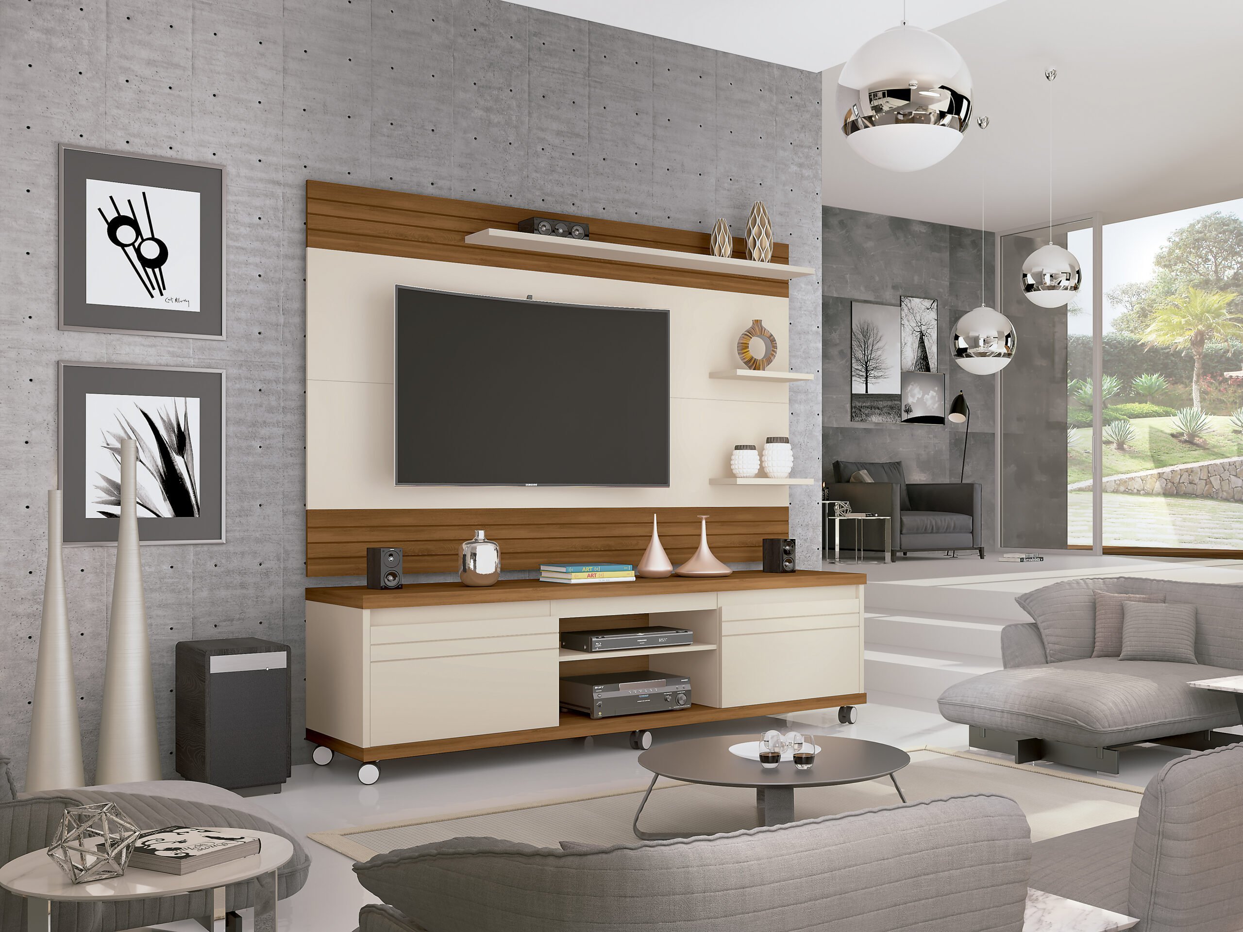 Rack Com Painel Mirage Off White/Freijo - Giga Móveis | MadeiraMadeira