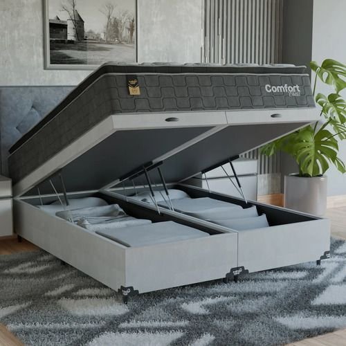 Cama Box Baú Queen + Colchão Comfort Class Pillow Top Cinza/suede ...