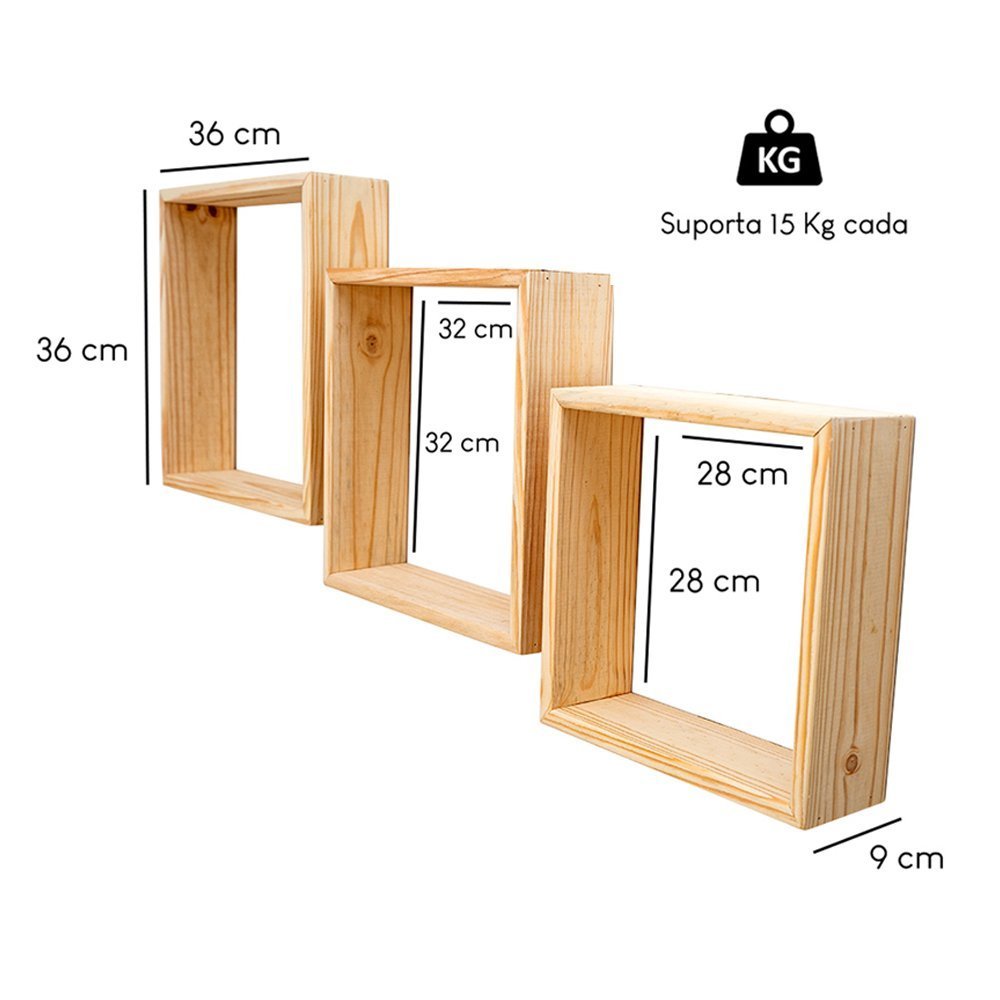Kit 03 Nichos Quadrados + Kit 03 Nichos Retangulares em Madeira Maciça ...