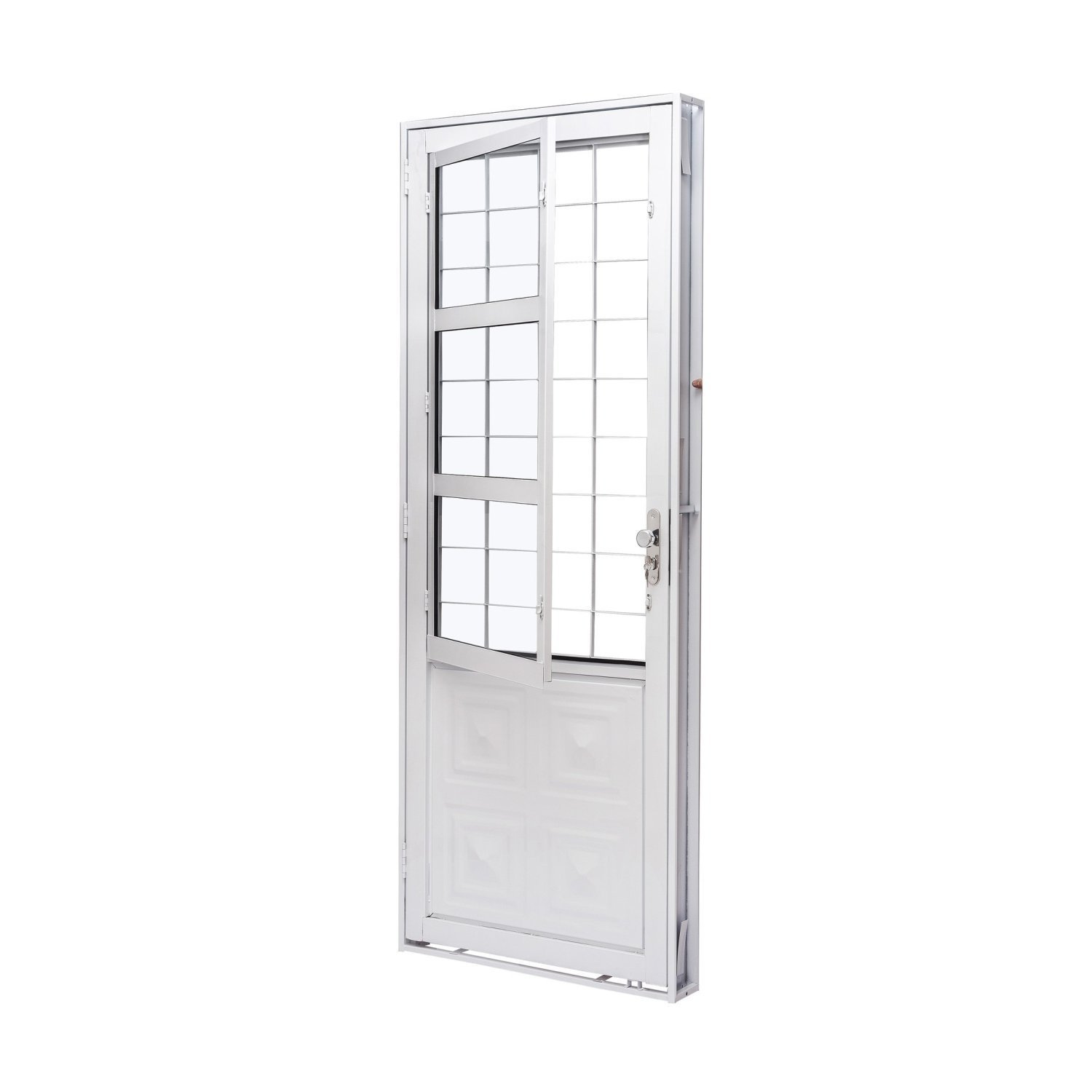 Porta de Aço com Postigo 215x83cm com Grade Quadriculada e Vidro Liso ...