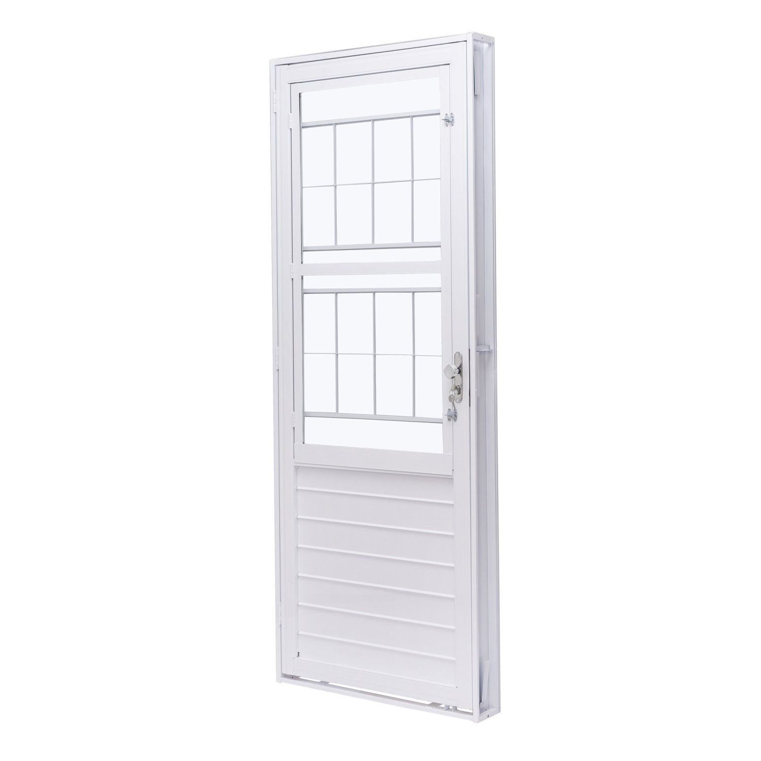 Porta de Aço com Postigo 215x83cm com Grade Quadriculada e Vidro Liso ...