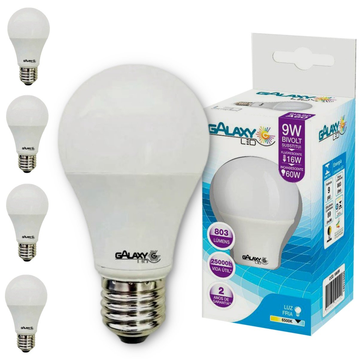 Kit 5 - Lampada LED Bulbo A60 - 9W - Branco Frio 6500k - Bivolt - E27 - Galaxy LED | MadeiraMadeira