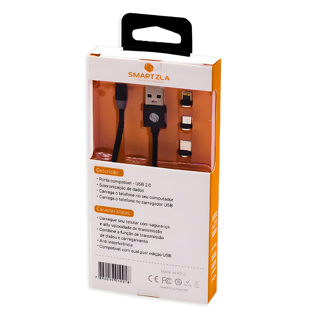 Cabo Magnético Smartzla Usb 2.0 Sat-c005 Compatível com Usb-c/v8/lightning Carregamento Rápido ...