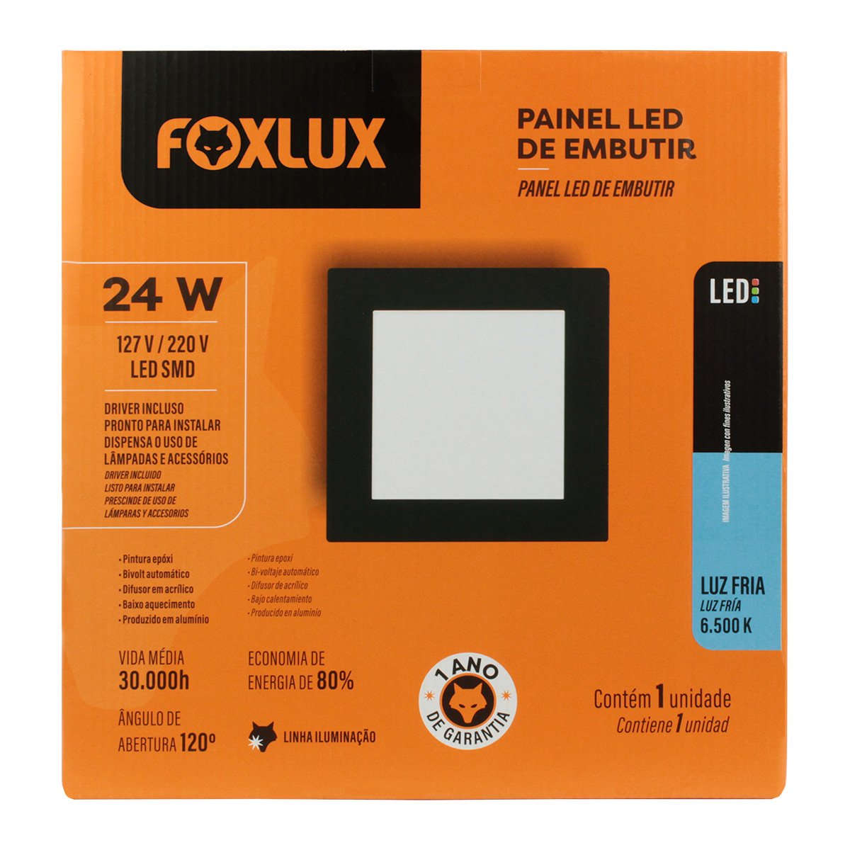 Painel de Led 24 W 6500k Quadrado Embutir Preto Foxlux | MadeiraMadeira