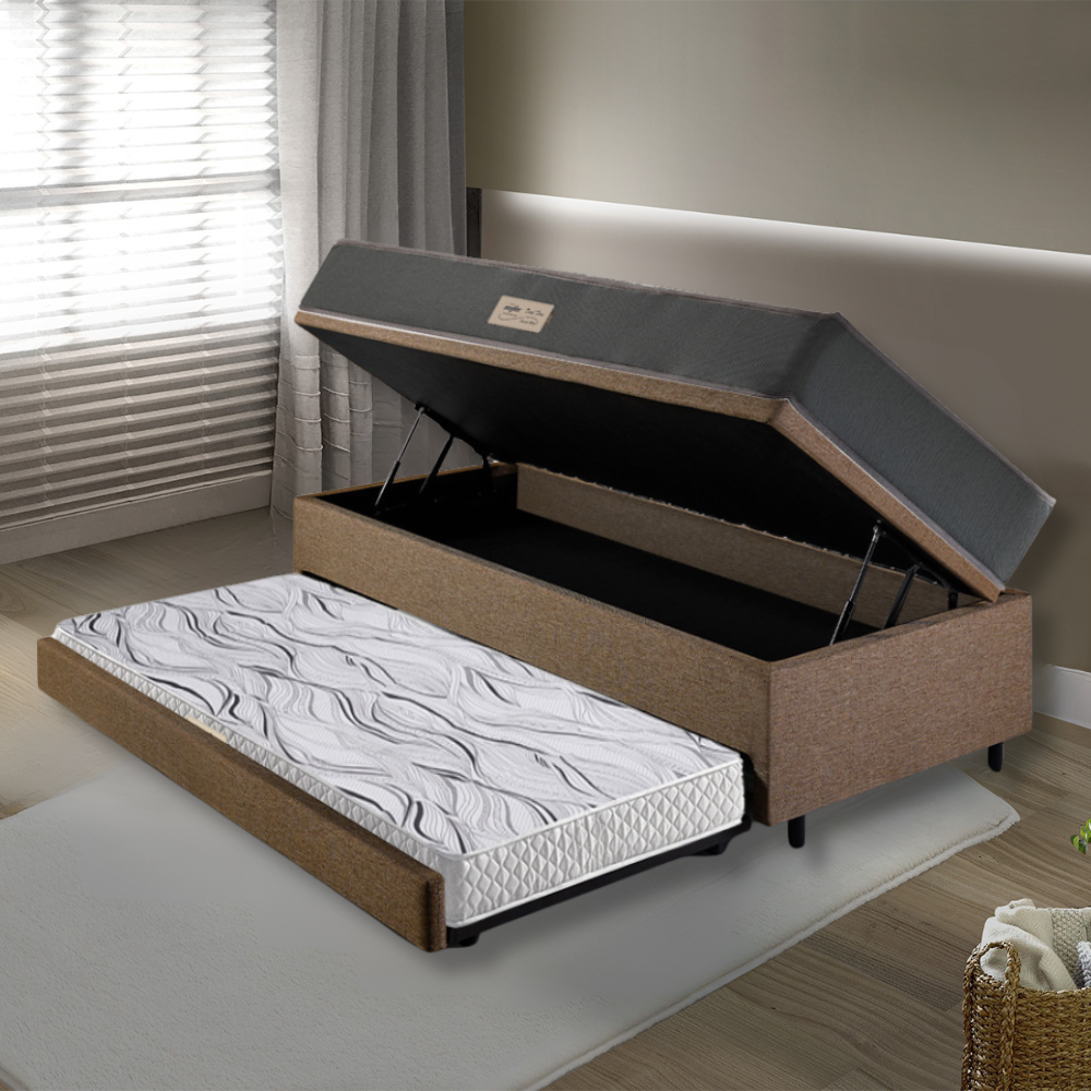 Bicama Box Baú Solteiro com Colchão Dual Firm Ecoflex Linho Marrom ...