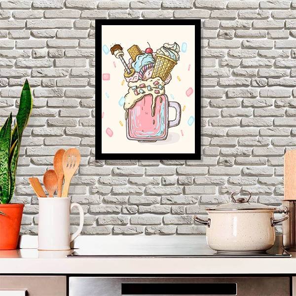 Quadro Ilustração Sorvete Sunday 33x24cm - com vidro:Madeira preta ...