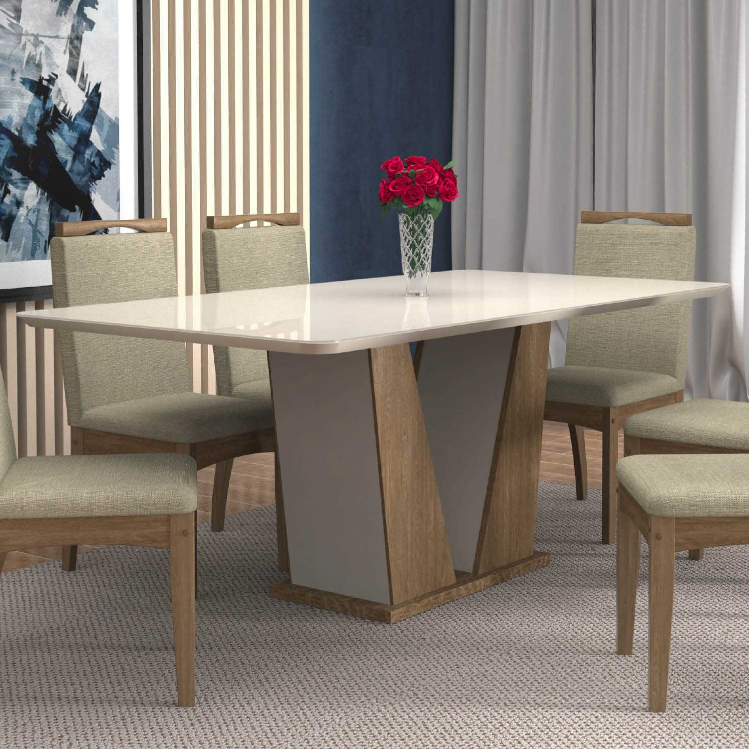 MESA DE JANTAR NORUEGA TAMPO MDF COM VIDRO WENGUE/NEVASKA Meneghetti | MadeiraMadeira