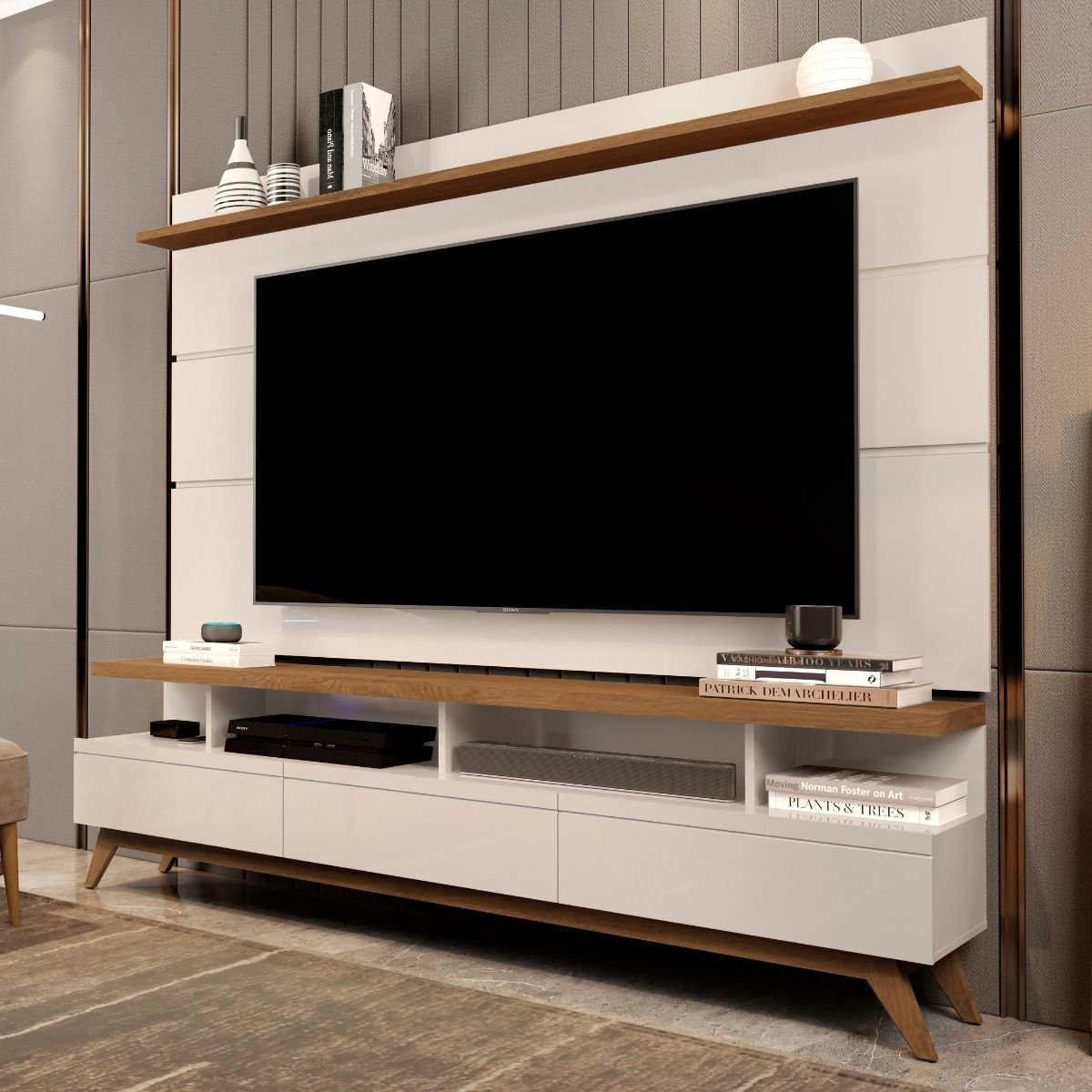 Rack com Painel para Sala Televisão até 65 Polegadas - Mod.2030:Off White/Freijó | MadeiraMadeira