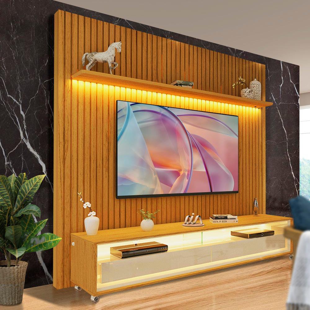 Rack Com Painel Ripado Para Sala Com Rodízios 75 Polegadas Naturale Off ...