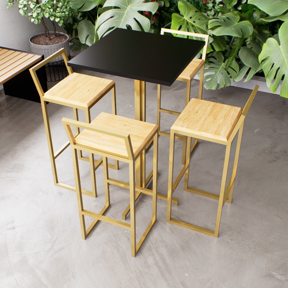 Jogo Mesa Alta Bistrô Quadrada Preta 4 Banquetas Pinus Confort Industrial Dourado Don Castro ...