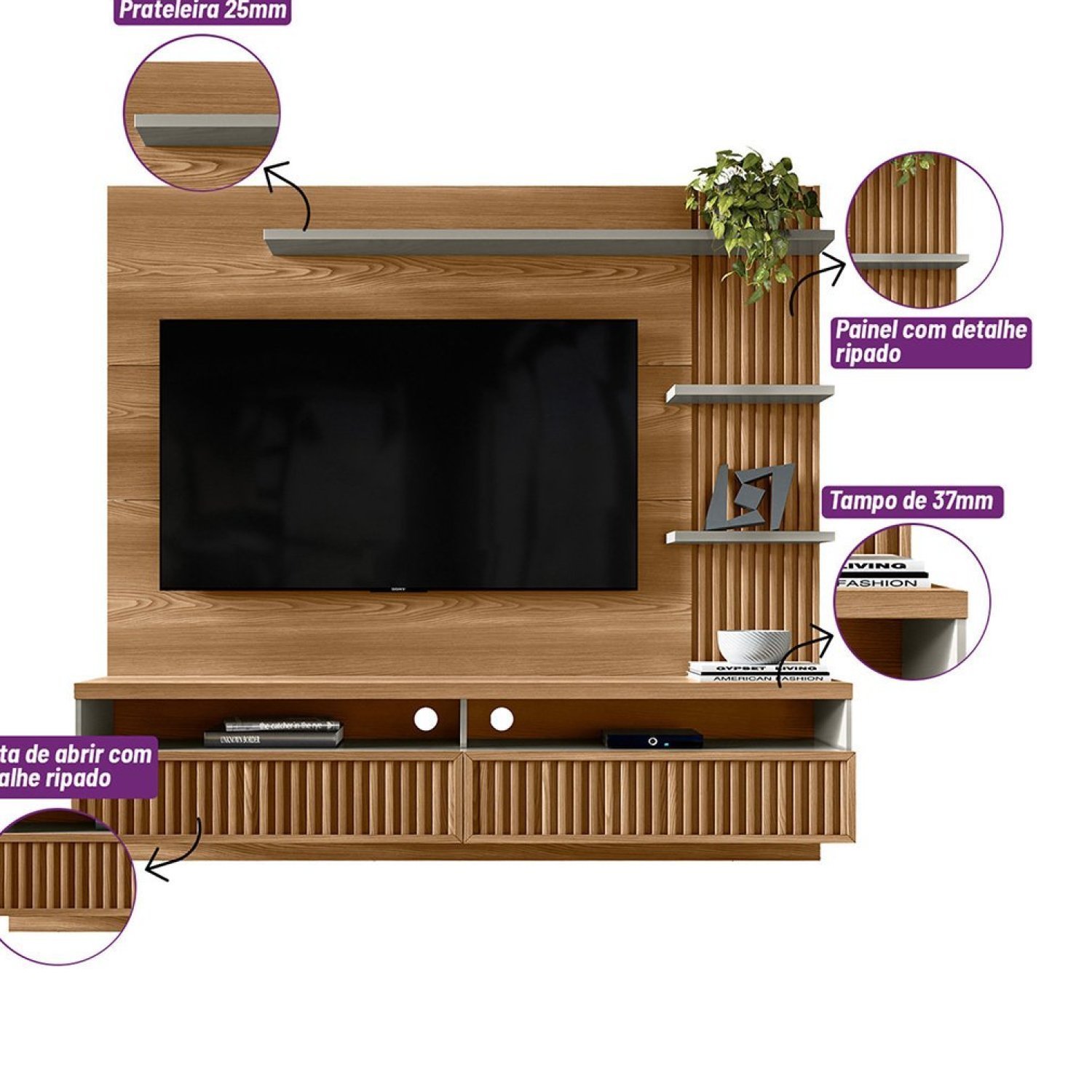Painel para TV até 55 Polegadas 2 Portas 3 Prateleiras Dumont Linea ...