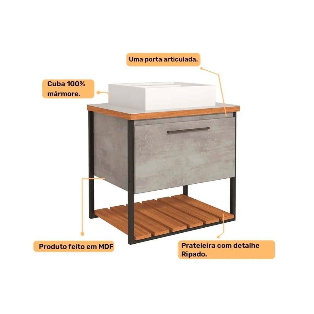 Balcão P/ Banheiro Suspenso Vitta/caribe 1pta Basculante C/cuba e Tampo Vidro 60 Cm Cor Cimento ...