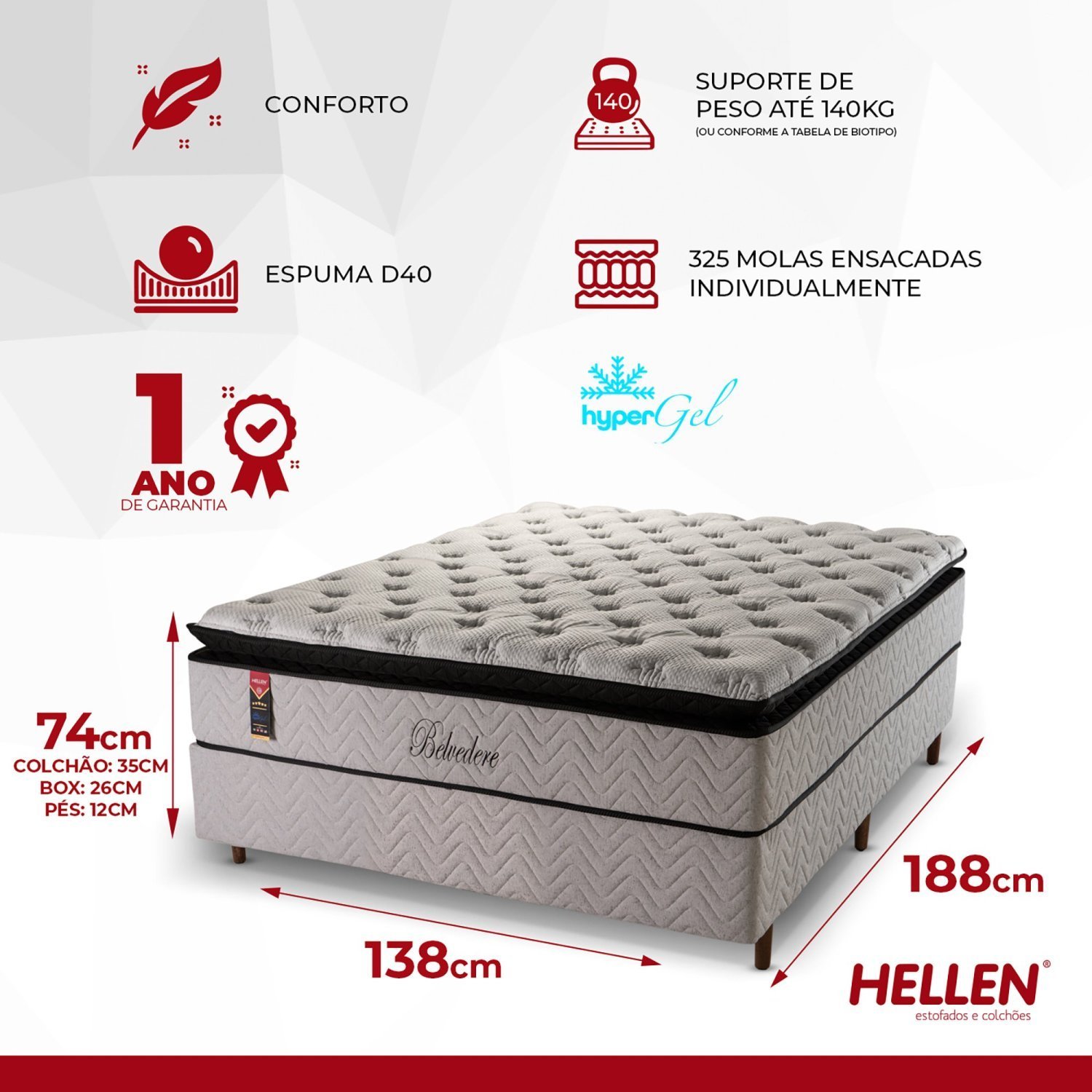 Cama Box Casal Molas Ensacadas com Base Sommier 188x138x74cm Belvedere ...