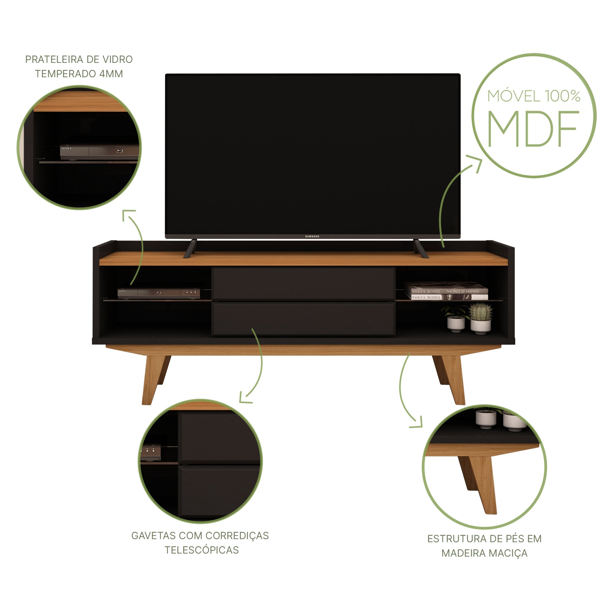 Rack para TV até 55 Polegadas Retrô 2 Gavetas 2 Prateleiras 1,60m ...