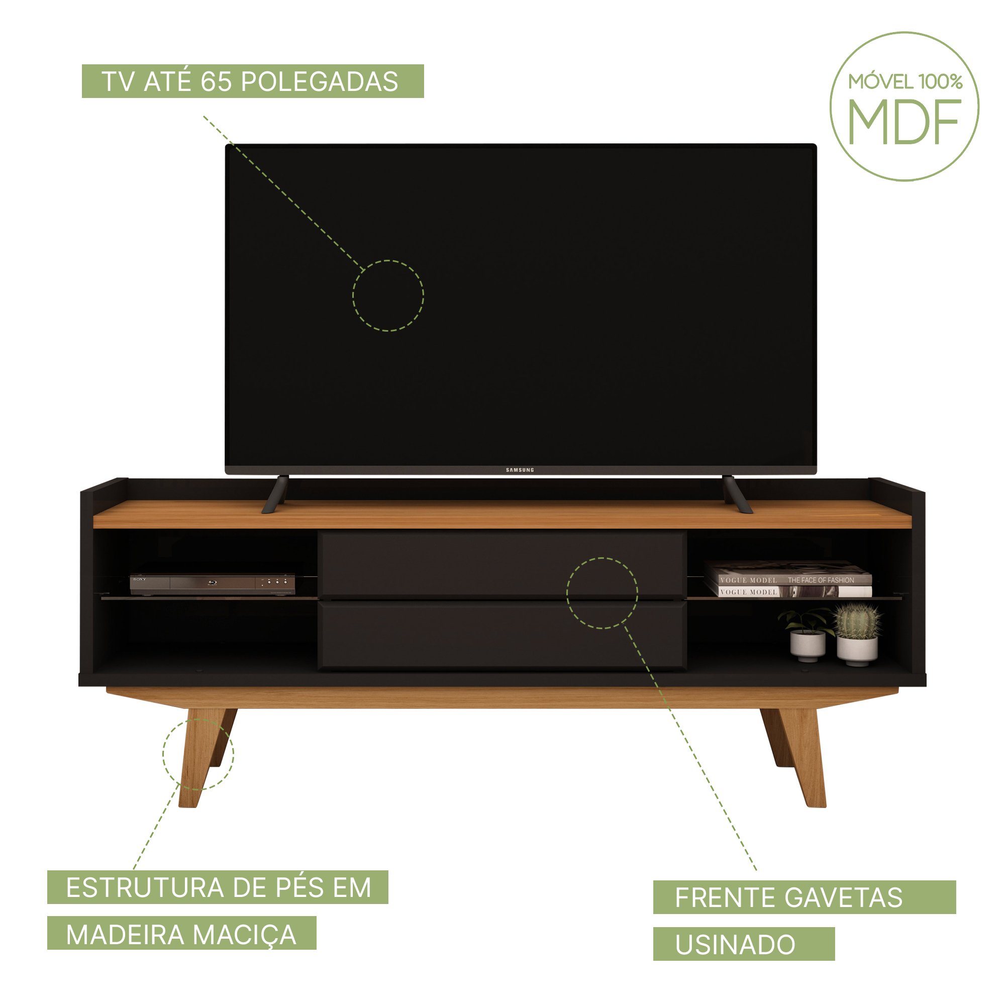 Rack para TV até 55 Polegadas Retrô 2 Gavetas 2 Prateleiras 1,60m Verona | MadeiraMadeira