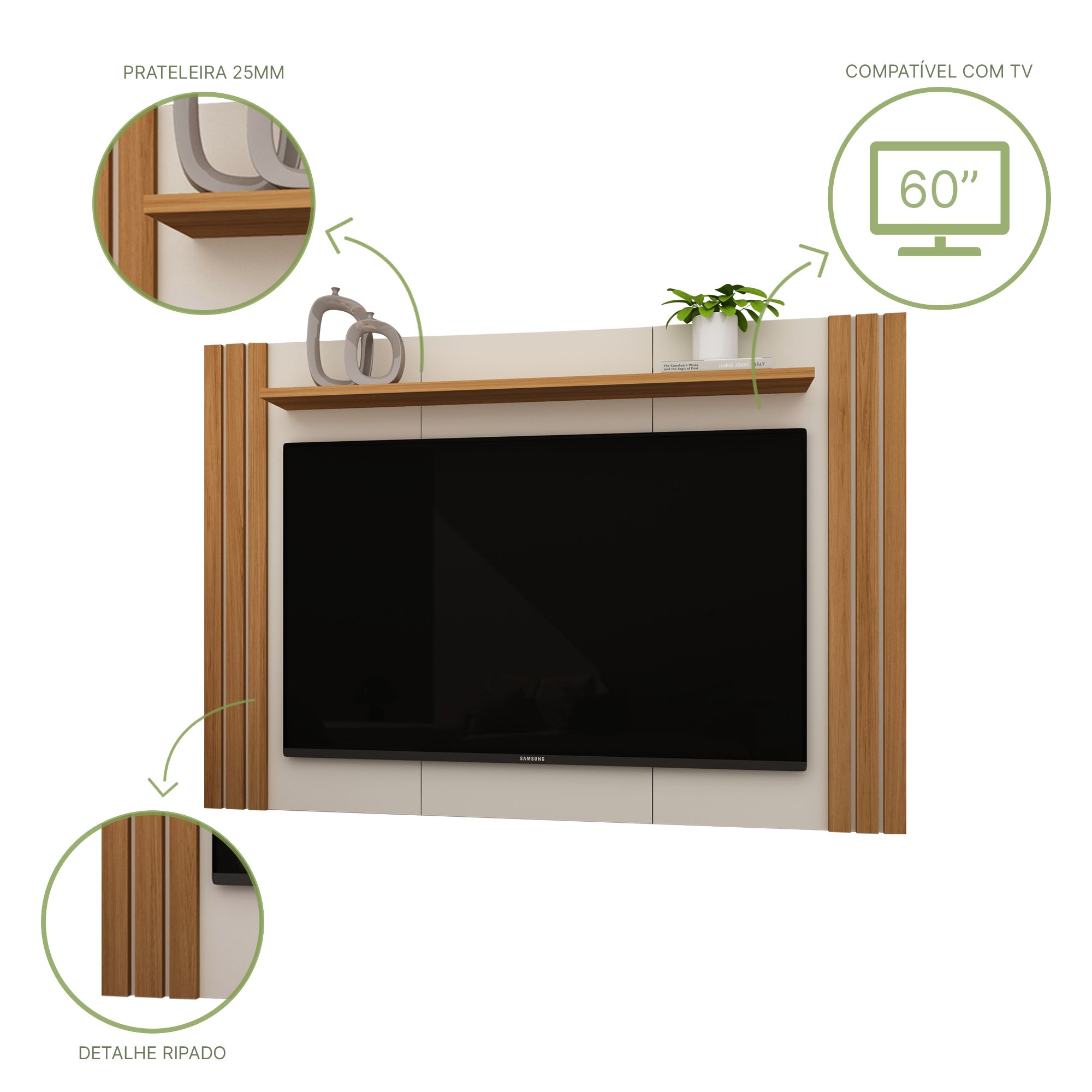 Painel para TV até 60 Polegadas Ripado 1 Prateleira 180cm Verona | MadeiraMadeira