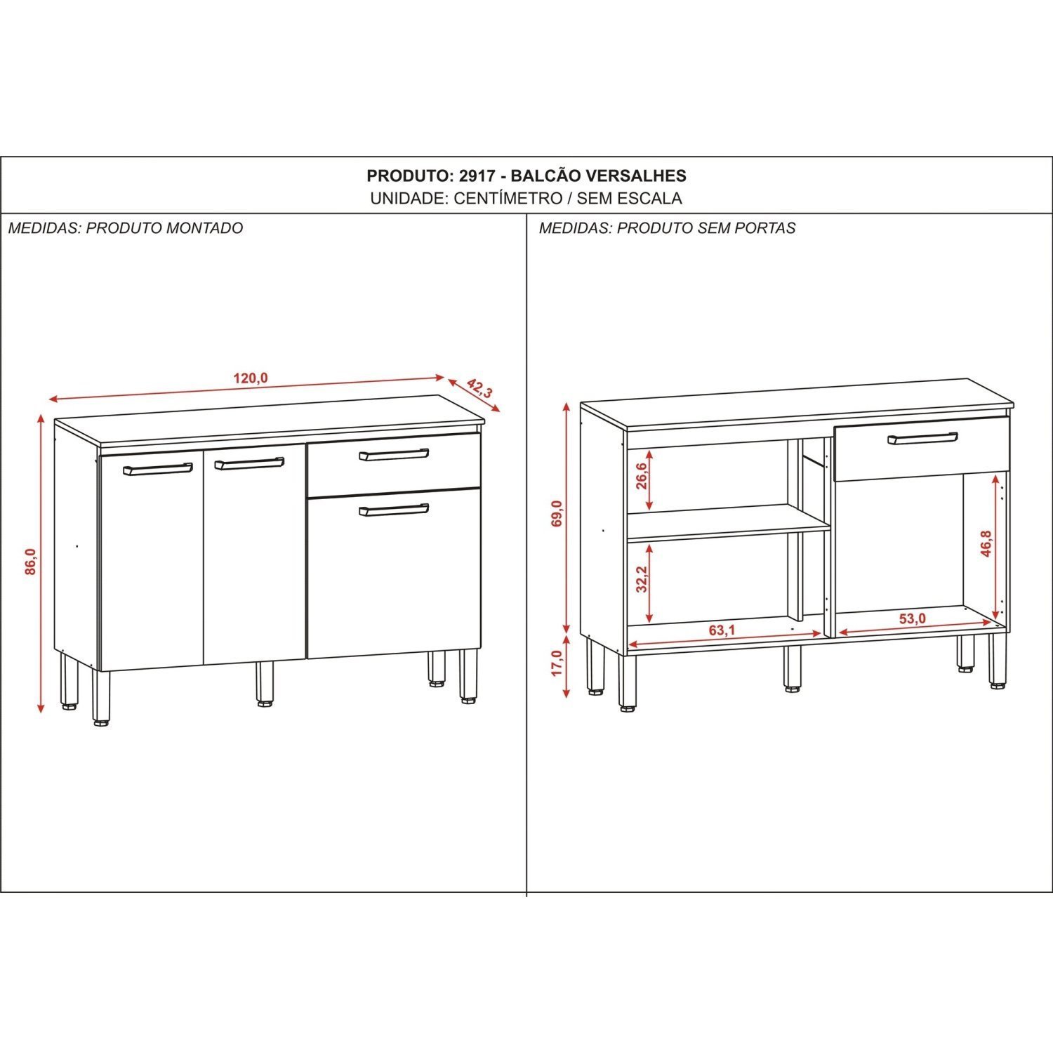 Balcão de Cozinha 3 Portas 1 Gaveta 120cm Versalhes Kits Paraná | MadeiraMadeira