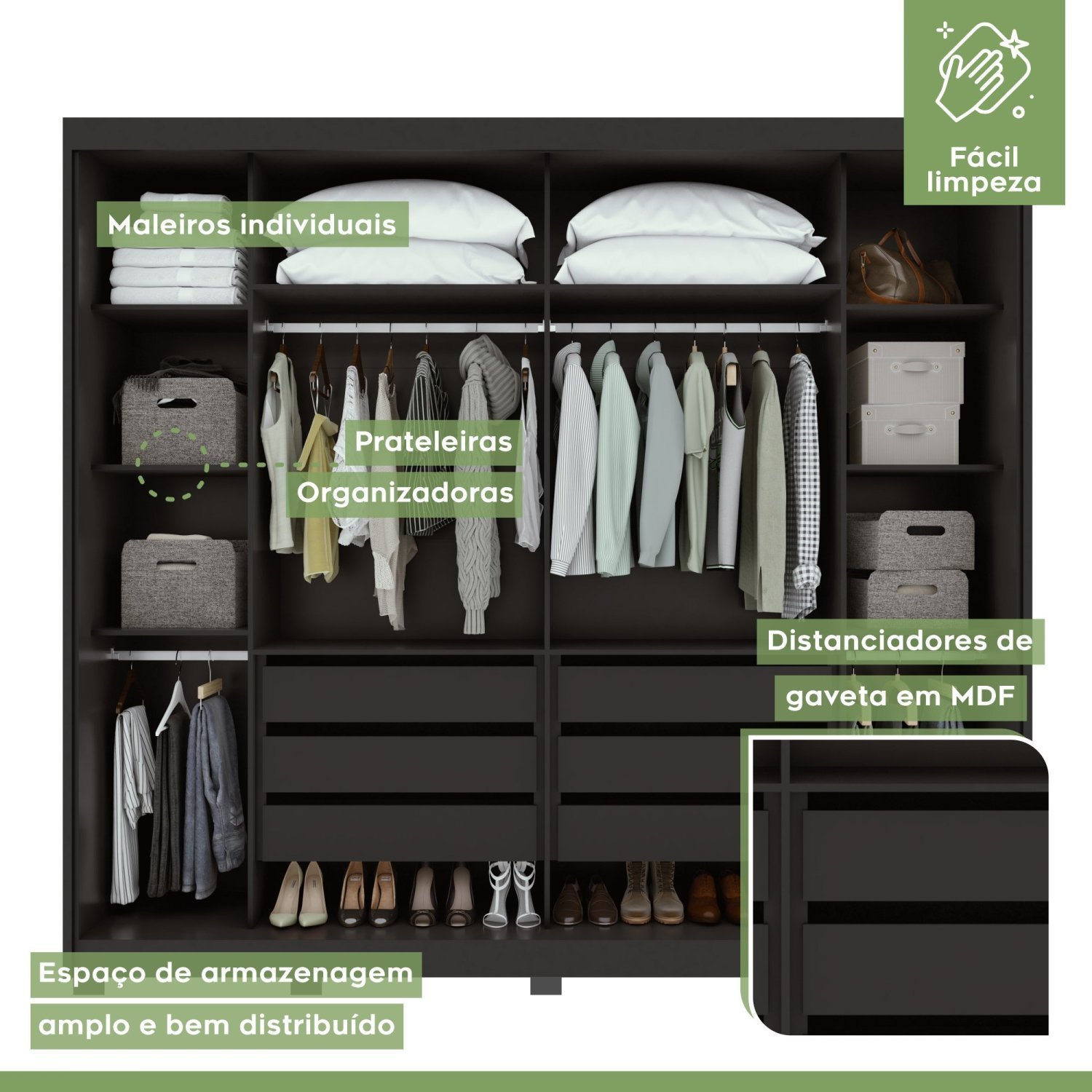 Guarda Roupa Flex 2 Portas de Correr 6 Gavetas 237x269cm Toronto Plus ...