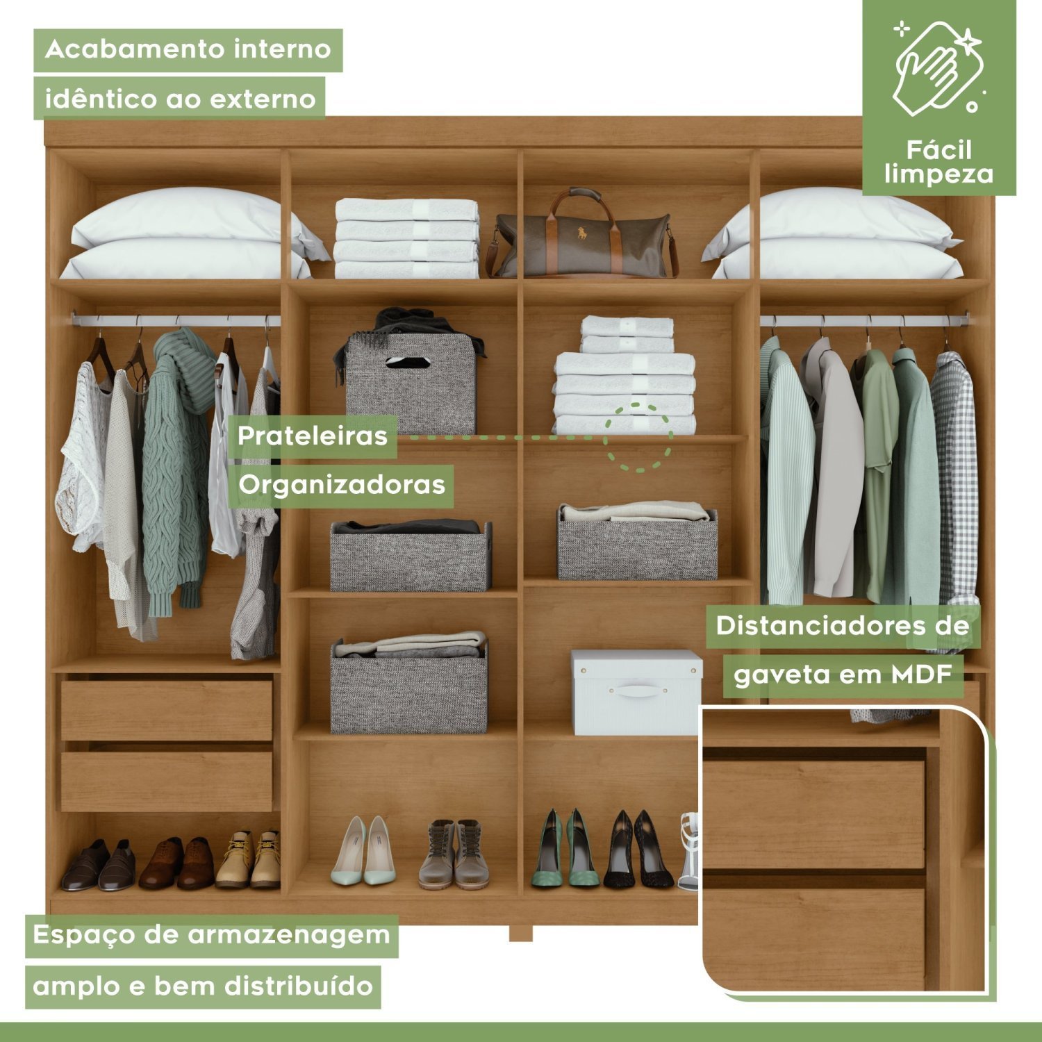 Guarda Roupa Casal 8 Portas 4 Gavetas Andara Móveis Lopas | MadeiraMadeira