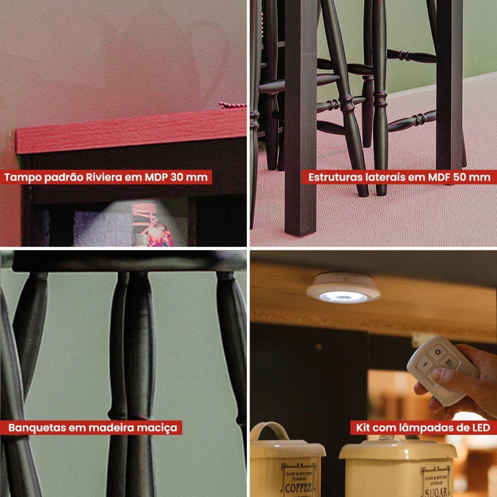 Bancada Cozinha Ditália + 2 Banquetas + Iluminação CD-1022 cor:preto ...