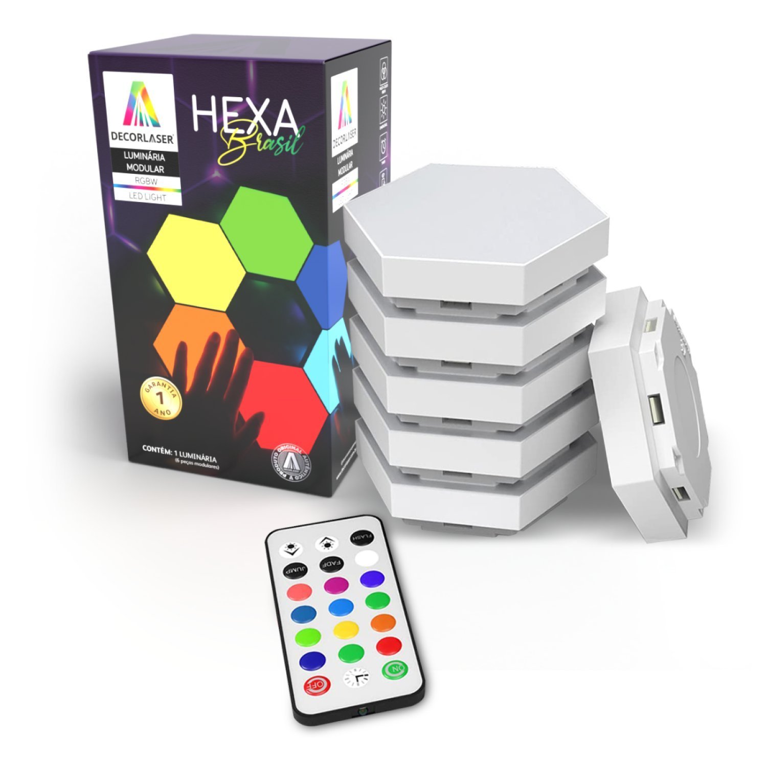 Kit 6 Luminária Arandela Modular Hexa LED Colorida RGB Touch Decorlaser ...