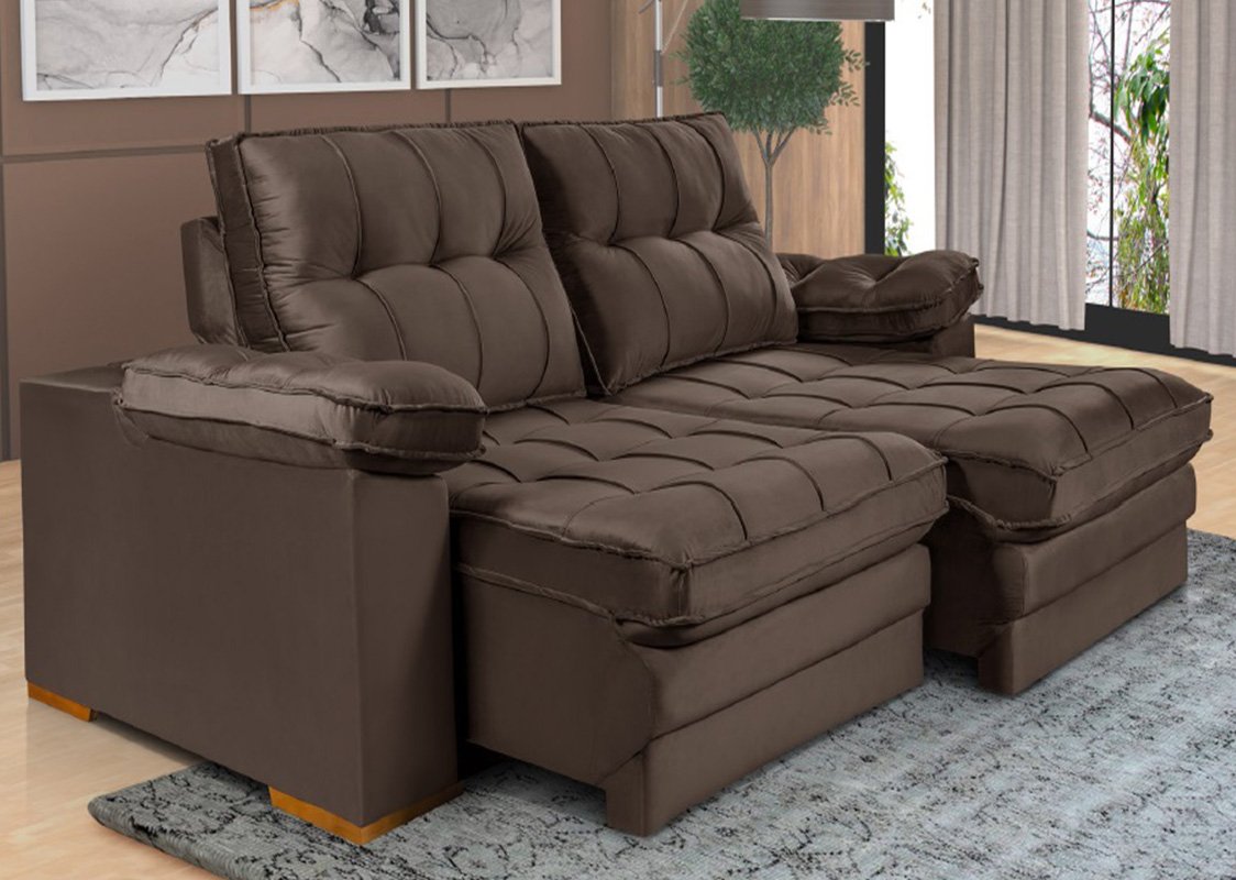 Sofá Retrátil e Reclinável 2,50 mts Quartzo Molas Bonnel Veludo Marrom ...